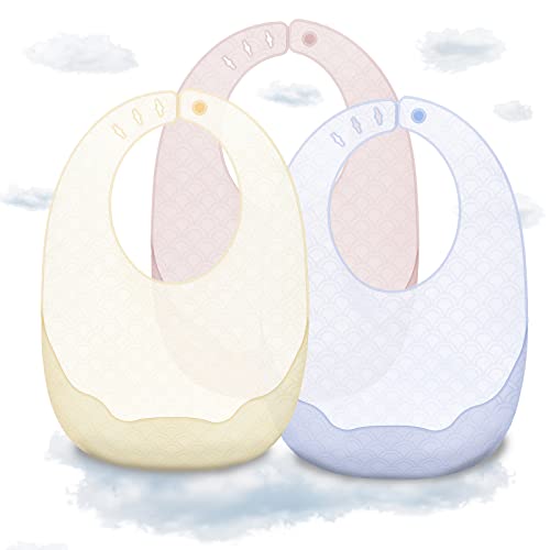 BABELIO Ultra-Thin Set of 3 Silicone Baby Bibs for Babies & Toddlers (6-72 Months), Extra Soft and Durable Silicone Bibs, BPA Free, Waterproof, Unisex (Blue/Light Yellow/Pink)