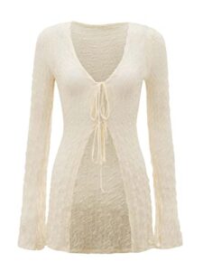 verdusa women's 90s top bell long sleeve tie front textured sheer t-shirt cardigan beige m