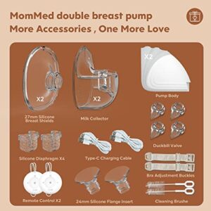 MomMed Double Breast Pump, Wearable Hands Free , Electronic Breast Pump with Remote Control, 9 Levels All-in-One Painless Breastfeeding Pump, Leak-Proof Design & Low Noise, 24mm Flange