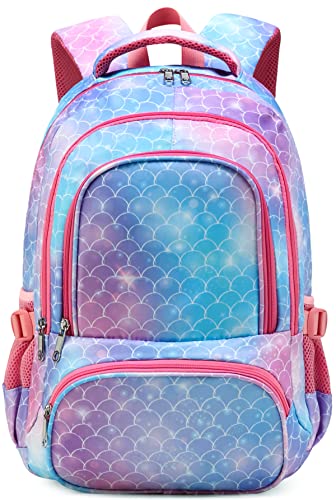 BLUEFAIRY Mermaid Backpack for Girls Elementary School Bags for Kids Primary School Cute Book Bags Fish Scale Child Gifts Presents Travel Mochila Sirenpara Niñas Lightweight 17 Inch (Rose)