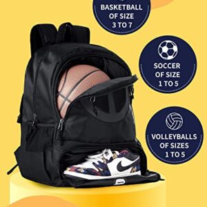 TRAILKICKER Mesh Black Basketball Soccer Bag Backpack Sports Volleyball Football Bag with Ball and Shoe Compartment for Boys Girls Man Women Ball Equipment Bag Basketball Stuff