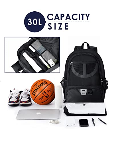 TRAILKICKER Mesh Black Basketball Soccer Bag Backpack Sports Volleyball Football Bag with Ball and Shoe Compartment for Boys Girls Man Women Ball Equipment Bag Basketball Stuff