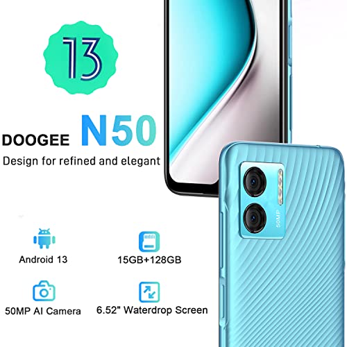 DOOGEE N50 |2023| Unlocked Cell Phone,15GB RAM+128GB ROM, Android 13 Smartphone,50MP AI Camera Mobile Phone,Loud Speaker,6.52" HD+Display Android Smartphone,Dual Sim 4G,OTG/Fingerprint Blue