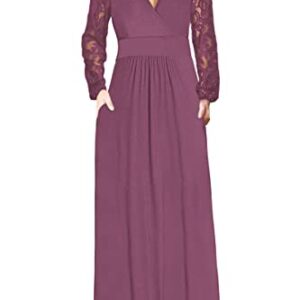 PYGFEMR Women's Lace Long Sleeve Maxi Dress V Neck Wrap Waist Maxi Dresses with Pockets 2022 New Mauve L