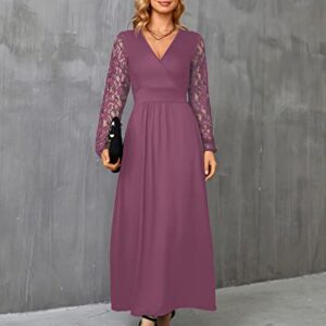 PYGFEMR Women's Lace Long Sleeve Maxi Dress V Neck Wrap Waist Maxi Dresses with Pockets 2022 New Mauve L