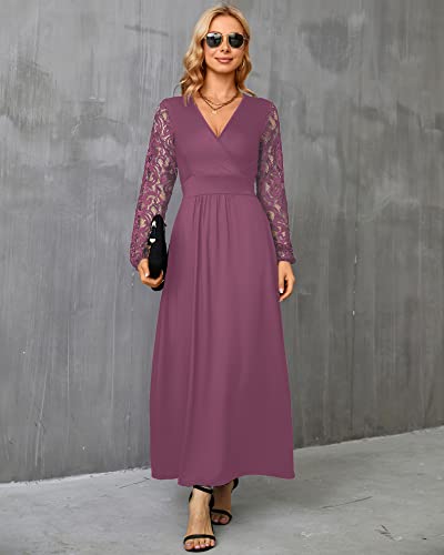 PYGFEMR Women's Lace Long Sleeve Maxi Dress V Neck Wrap Waist Maxi Dresses with Pockets 2022 New Mauve L