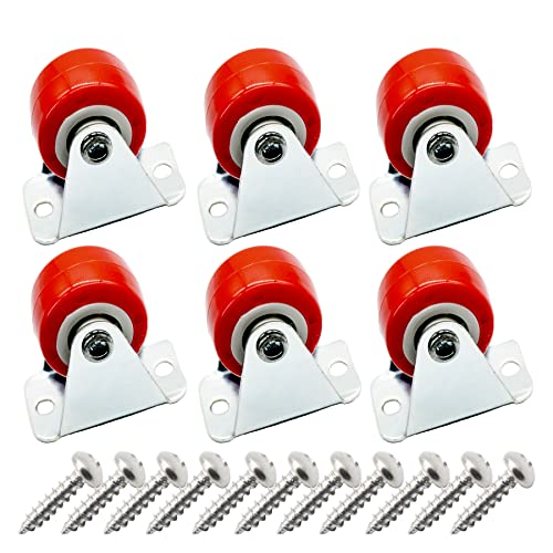 Floyutin 1 inch Rigid No-Swivel Plate Hard Rubber Caster Wheels for Furniture and Workbench 6 Packs(Free Screws)