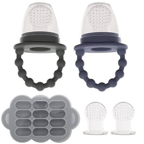 WeeSprout Silicone Baby Food Feeders + Freezer Tray for Batch Prep, Set of 2, Introduce New Foods Safely, Double as Silicone Teething Toys, Includes 2 Extra Food Pouches & Travel Lids, Dishwasher Safe