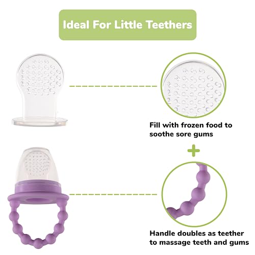 WeeSprout Silicone Baby Food Feeders + Freezer Tray for Batch Prep, Set of 2, Introduce New Foods Safely, Double as Silicone Teething Toys, Includes 2 Extra Food Pouches & Travel Lids, Dishwasher Safe