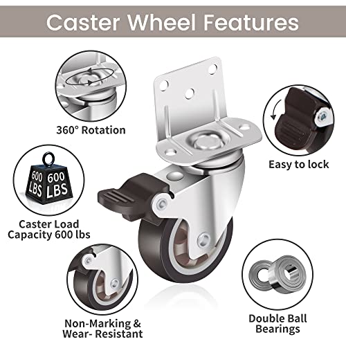 Nefish Side Mount Casters 2 Inch L-Shaped Small Rubber Caster Set of 4 with Load Capacity 600 LBS, Ball Bearing 360 Degree Plate Swivel Castors Wheel for Furniture, Baby Bed, Kitchen, Cabinet, Table