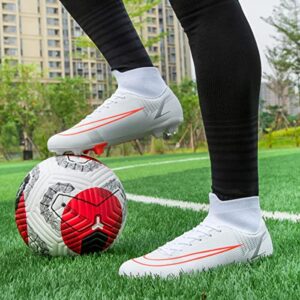 YSGDB Men's Athletic Soccer Shoes Cleats Spike Shoes Turf Outdoor Football Shoes High Top Ankle Soccer Boots - Indoor Training TF/AG White