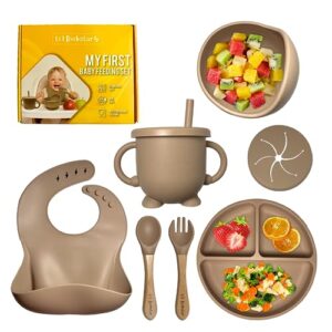 li'l rockstar baby led weaning supplies - silicone baby feeding set – silicone baby bibs suction bowl divided plate cup self feeding spoons – baby toddler dish set (dark beige)