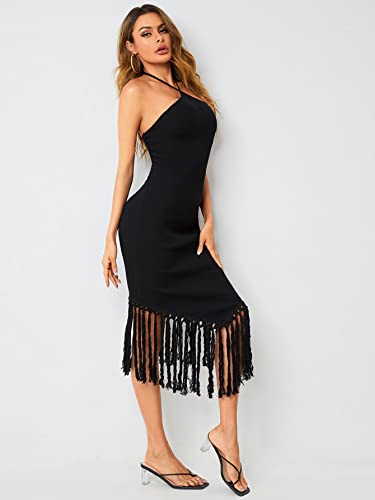 Floerns Women's Asymmetrical Fringe Hem Sleeveless Party Bodycon Long Dress Pure Black M