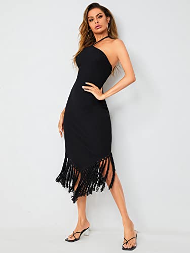 Floerns Women's Asymmetrical Fringe Hem Sleeveless Party Bodycon Long Dress Pure Black M