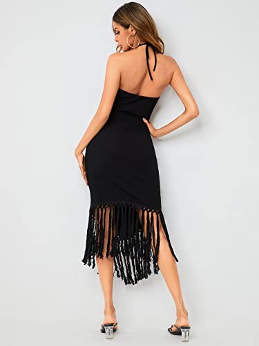 Floerns Women's Asymmetrical Fringe Hem Sleeveless Party Bodycon Long Dress Pure Black M