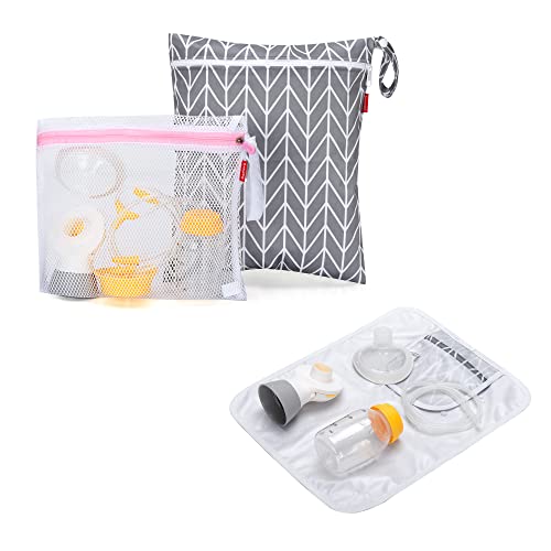 Damero Breast Pump Parts Bag, Wet Dry Breast Pump Parts Bag, Pumping Bag with Waterproof Mat and Mesh Bag, Gray Arrow