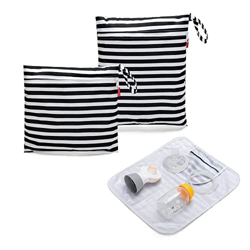 Damero Breast Pump Parts Bag, 2Pack Wet Bag for Breast Pump Parts Storage with Waterproof Mat, Black Strips