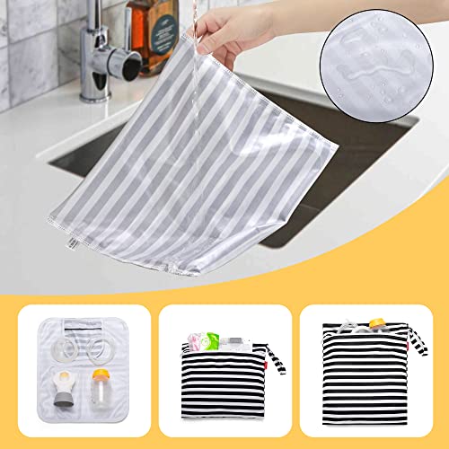 Damero Breast Pump Parts Bag, 2Pack Wet Bag for Breast Pump Parts Storage with Waterproof Mat, Black Strips