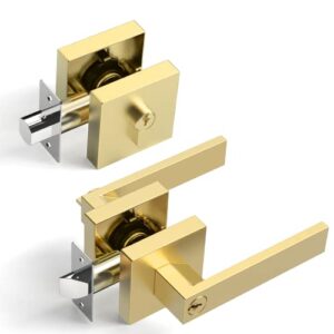 1 pack front door keyed entry lever and single cylinder deadbolt combination set, keyed alike exterior entrance lever satin brass finish, heavy duty gold door handle set for front/back gate door