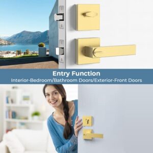 1 Pack Front Door Keyed Entry Lever and Single Cylinder Deadbolt Combination Set, Keyed Alike Exterior Entrance Lever Satin Brass Finish, Heavy Duty Gold Door Handle Set for Front/Back Gate Door