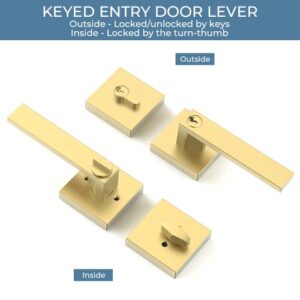 1 Pack Front Door Keyed Entry Lever and Single Cylinder Deadbolt Combination Set, Keyed Alike Exterior Entrance Lever Satin Brass Finish, Heavy Duty Gold Door Handle Set for Front/Back Gate Door