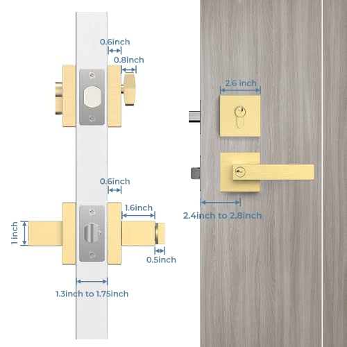 1 Pack Front Door Keyed Entry Lever and Single Cylinder Deadbolt Combination Set, Keyed Alike Exterior Entrance Lever Satin Brass Finish, Heavy Duty Gold Door Handle Set for Front/Back Gate Door