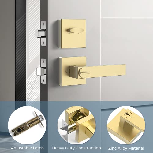 1 Pack Front Door Keyed Entry Lever and Single Cylinder Deadbolt Combination Set, Keyed Alike Exterior Entrance Lever Satin Brass Finish, Heavy Duty Gold Door Handle Set for Front/Back Gate Door