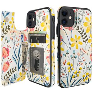 haopinsh for iphone 11 wallet case with card holder, floral flower pattern back flip folio pu leather kickstand card slots case for women girls, double magnetic clasp shockproof cover 6.1"