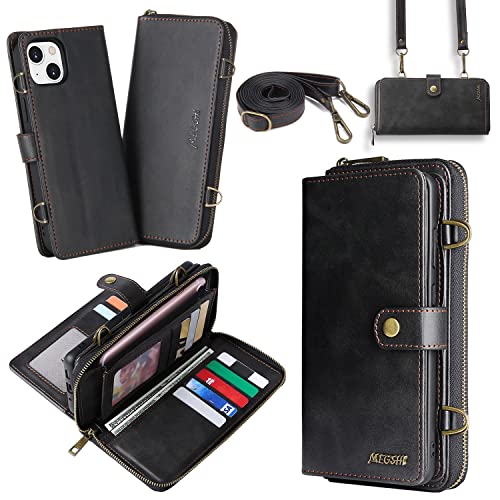 Misscase Compatible with iPhone 14 Wallet Case,Detachable Magnetic iPhone 14 Wallet Case with Card Holder,RFID Blocking,Zipper Wallet, Crossbody Strap,Card Slots for iPhone 14 6.1" Black