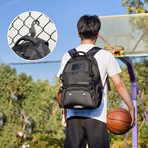 adorence Basketball Backpack with Shoe Compartment(Ball Net, Water Resist) Soccer Bag/Volleyball Backpack- Black