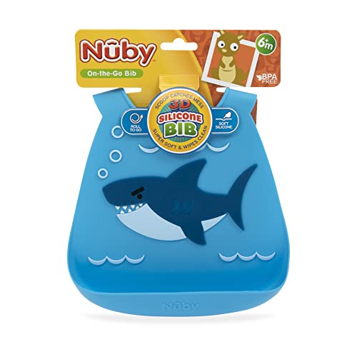 Nuby On The Go Silicone 3D Bib with Scoop to Catch Mess, Roll to Go, 6 M+, Shark