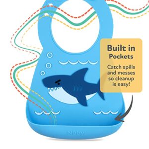 Nuby On The Go Silicone 3D Bib with Scoop to Catch Mess, Roll to Go, 6 M+, Shark