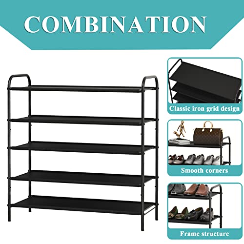 Wisdom Star 5 Tier Stackable Shoe Rack Organizer Storage, Adjustable Fabric Shoe Shelf for Closet Closet Hallway Bedroom Entryway, Black