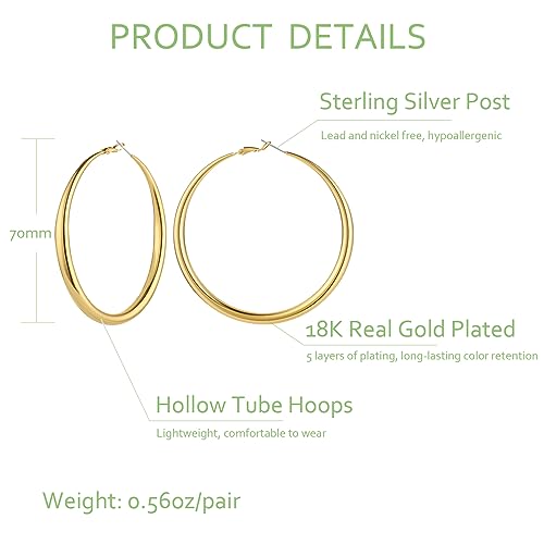 Chunky Hoop Earrings for Women 18K Real Gold Plated Thick Round Gold Hoops Earrings Hypoallergenic Big Large Statement Earrings Gift for Girls 40MM