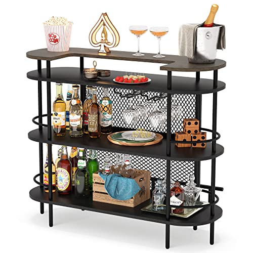 Tribesigns Bar Unit for Liquor, 4 Tier Bar Table with Storage Shelves and Foot Rail, Corner Mini Bar Cabinet with Wine Glasses Holder for Home/Kitchen/Bar/Pub, Black and Walnut