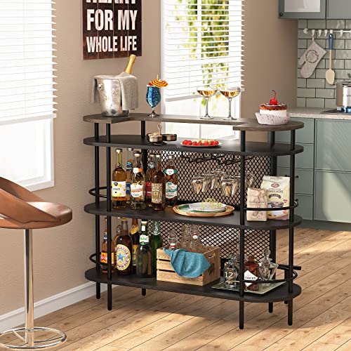 Tribesigns Bar Unit for Liquor, 4 Tier Bar Table with Storage Shelves and Foot Rail, Corner Mini Bar Cabinet with Wine Glasses Holder for Home/Kitchen/Bar/Pub, Black and Walnut