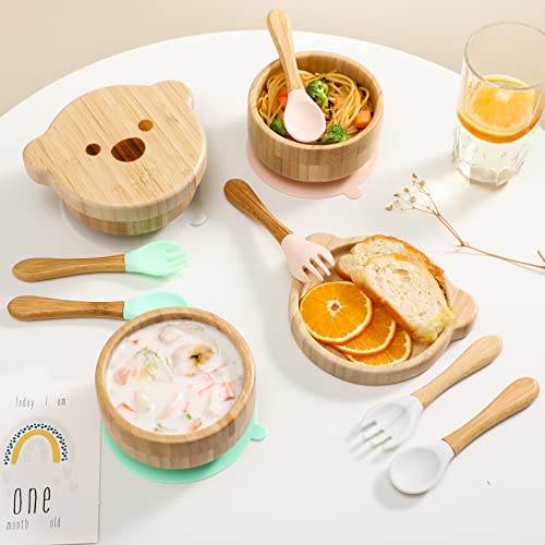 Baby Bowls with Lid - HBM Bamboo Suction Bowls for Baby and Spoon Set - 3PC Feeding Supplies Set for Infant, Toddlers - Detachable Silicone Suction Stay Put Base for Wooden Bowl - BPA Free （Marble）