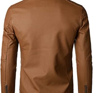 HOOD CREW Men’s Classic Zip Up Bomber Faux Leather Jackets Brown L