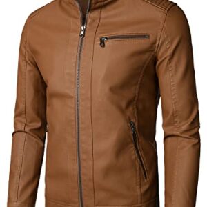 HOOD CREW Men’s Classic Zip Up Bomber Faux Leather Jackets Brown L