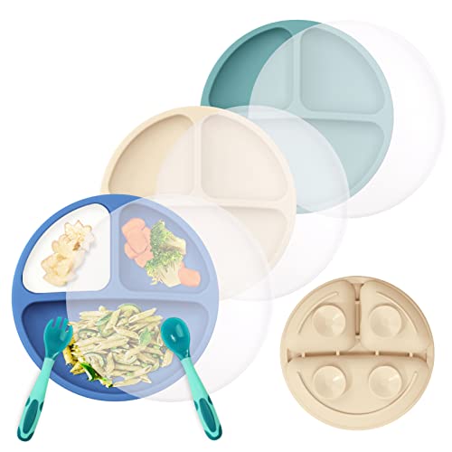 Wee me Suction Plates for Babies & Toddlers - Silicone Plates with Lids and Spoon Fork For Baby, Dishwasher and Microwave Oven Safe, 3 Pack (Beige, Sage & Dark Blue)