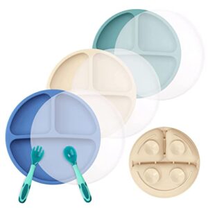 Wee me Suction Plates for Babies & Toddlers - Silicone Plates with Lids and Spoon Fork For Baby, Dishwasher and Microwave Oven Safe, 3 Pack (Beige, Sage & Dark Blue)