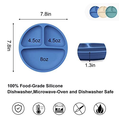 Wee me Suction Plates for Babies & Toddlers - Silicone Plates with Lids and Spoon Fork For Baby, Dishwasher and Microwave Oven Safe, 3 Pack (Beige, Sage & Dark Blue)