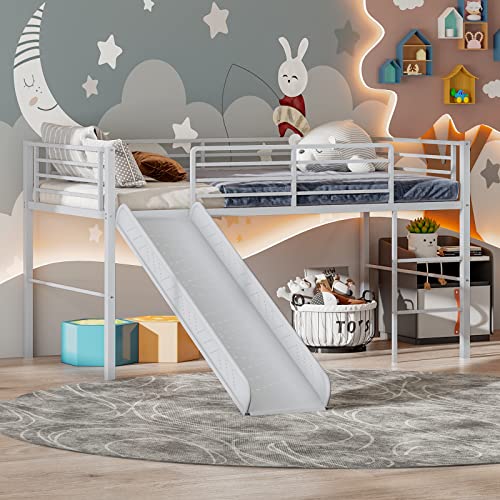 Giantex Twin Loft Bed with Slide, Metal Low Bunk Bed w/Safety Guardrails & Built-in Ladder, Toddler Bed Floor Frame for Boys & Girls, No Box Spring Needed (Silver)