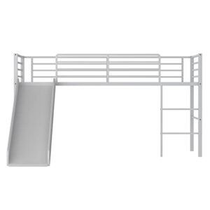 Giantex Twin Loft Bed with Slide, Metal Low Bunk Bed w/Safety Guardrails & Built-in Ladder, Toddler Bed Floor Frame for Boys & Girls, No Box Spring Needed (Silver)