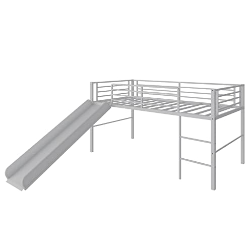 Giantex Twin Loft Bed with Slide, Metal Low Bunk Bed w/Safety Guardrails & Built-in Ladder, Toddler Bed Floor Frame for Boys & Girls, No Box Spring Needed (Silver)