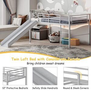 Giantex Twin Loft Bed with Slide, Metal Low Bunk Bed w/Safety Guardrails & Built-in Ladder, Toddler Bed Floor Frame for Boys & Girls, No Box Spring Needed (Silver)