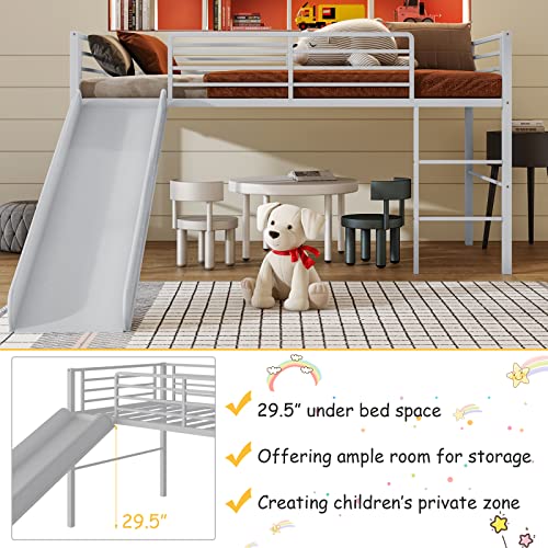 Giantex Twin Loft Bed with Slide, Metal Low Bunk Bed w/Safety Guardrails & Built-in Ladder, Toddler Bed Floor Frame for Boys & Girls, No Box Spring Needed (Silver)