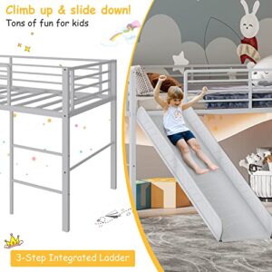 Giantex Twin Loft Bed with Slide, Metal Low Bunk Bed w/Safety Guardrails & Built-in Ladder, Toddler Bed Floor Frame for Boys & Girls, No Box Spring Needed (Silver)