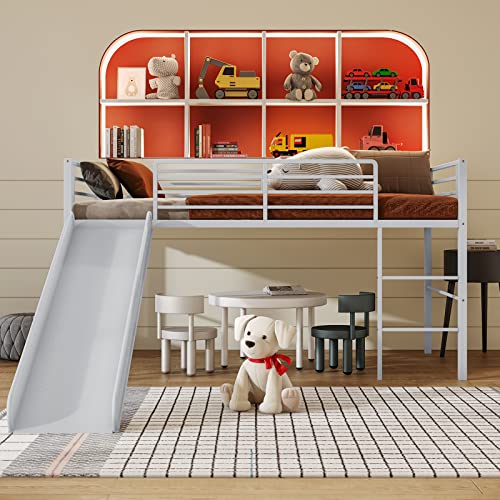 Giantex Twin Loft Bed with Slide, Metal Low Bunk Bed w/Safety Guardrails & Built-in Ladder, Toddler Bed Floor Frame for Boys & Girls, No Box Spring Needed (Silver)