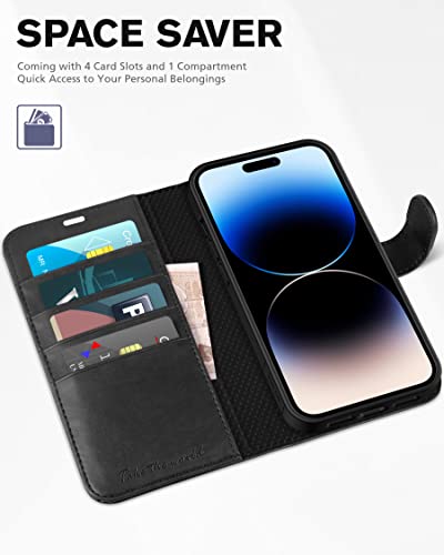 TUCCH Case for iPhone 14 Pro Max Wallet Case, [RFID Blocking] 4 Card Holder Stand [Shockproof TPU Interior Case] PU Leather Magnetic Protective Flip Cover Compatible with iPhone 14 Pro Max 6.7", Black